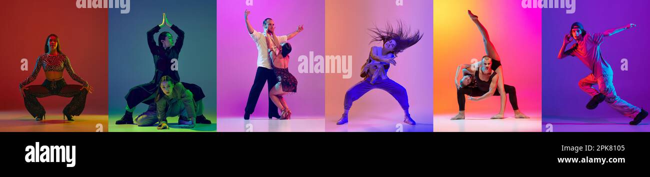 Diverse dance styles. Young people, man and woman dancing modern and ...