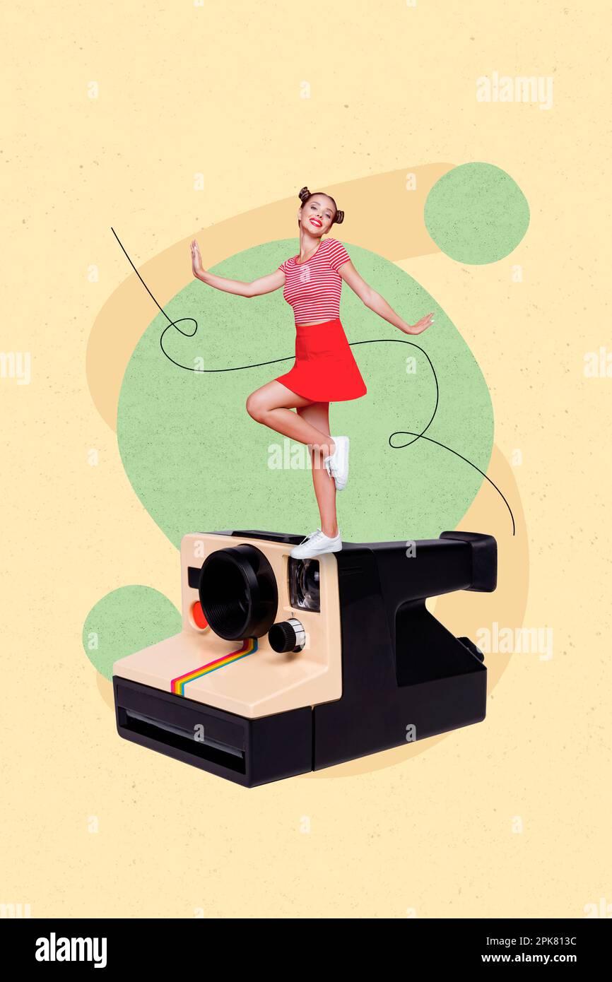 Vertical collage image of excited mini girl stand huge photo camera ...