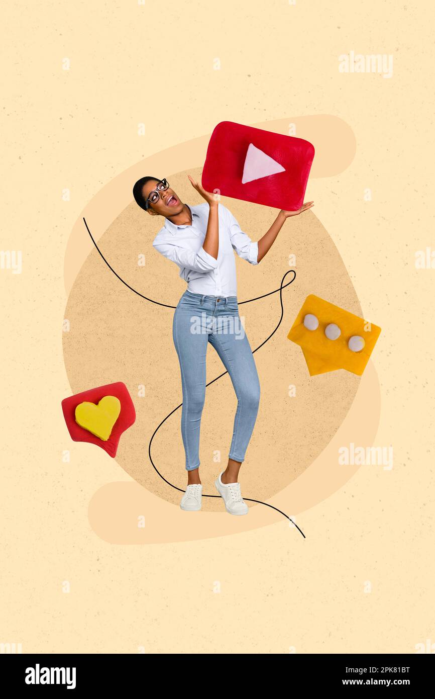 Vertical artwork collage of excited person hands hold start play ...