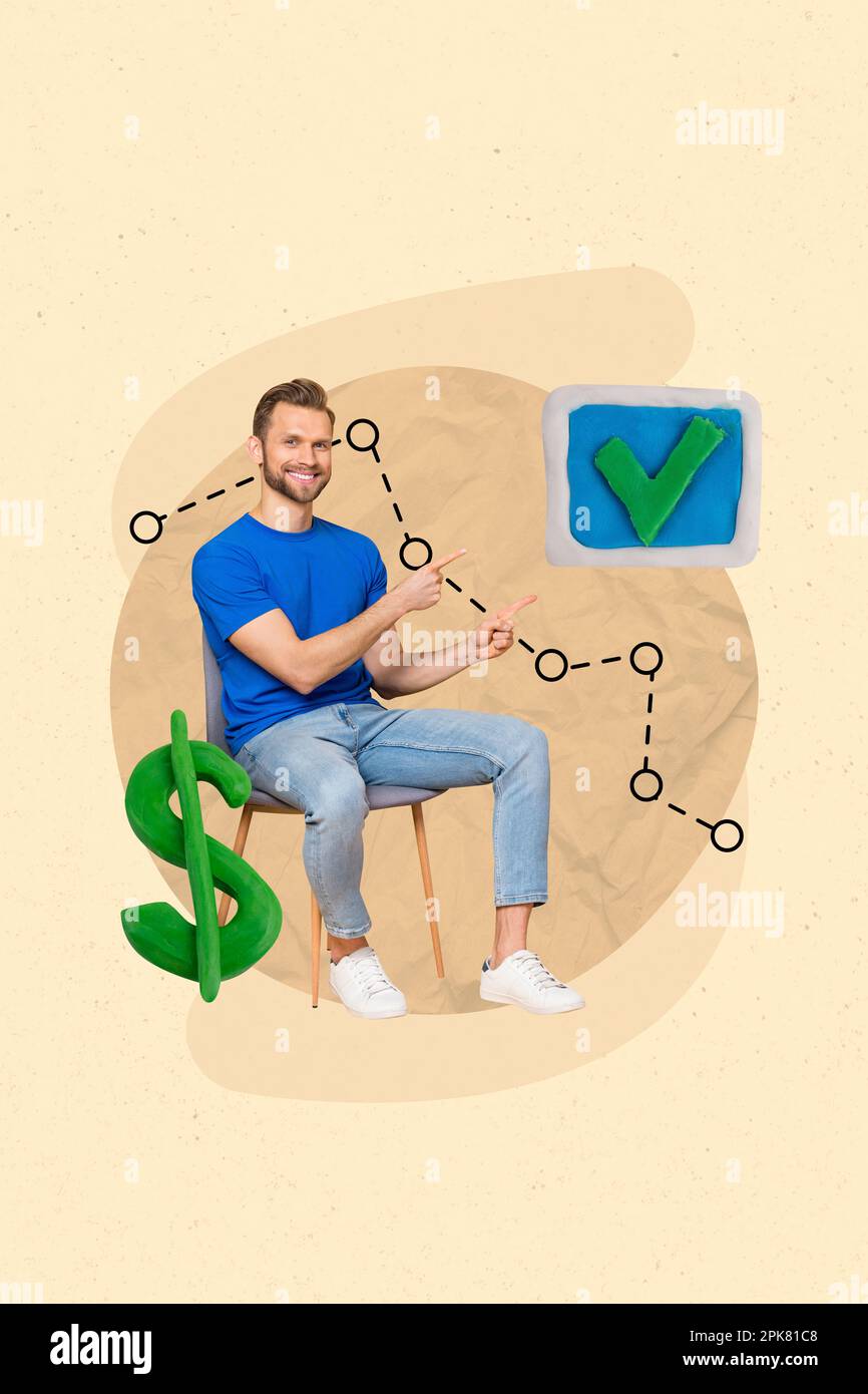 Vertical collage image of cheerful guy sit chair point fingers check ...