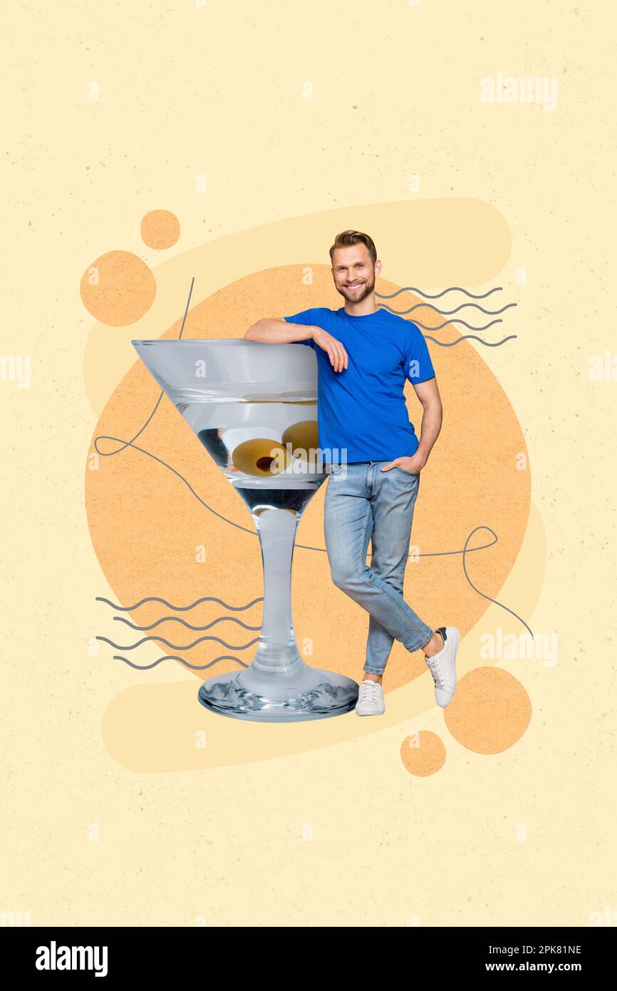 Vertical collage image of mini cheerful guy lean huge alcohol cocktail ...