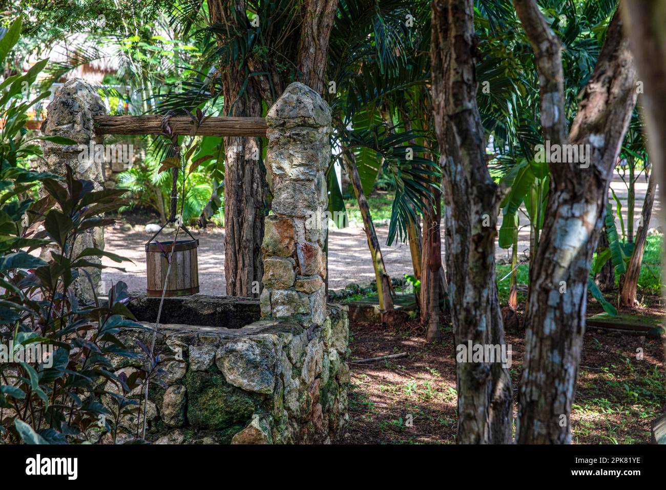 Beautiful terrace with a water well outside a Mexican hacienda with ...