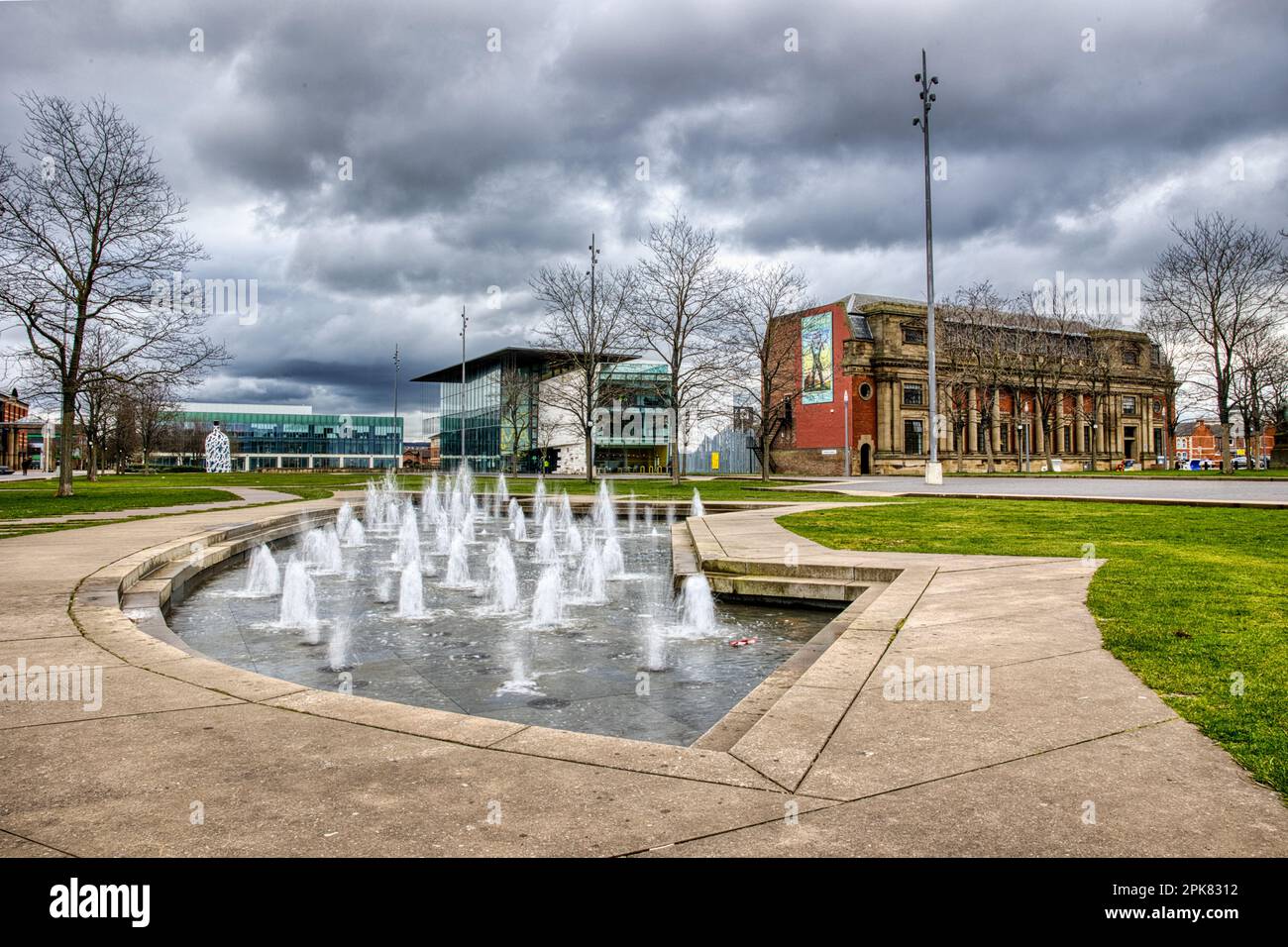 Fountain view looking across centre square towards the Mima and bottle ...