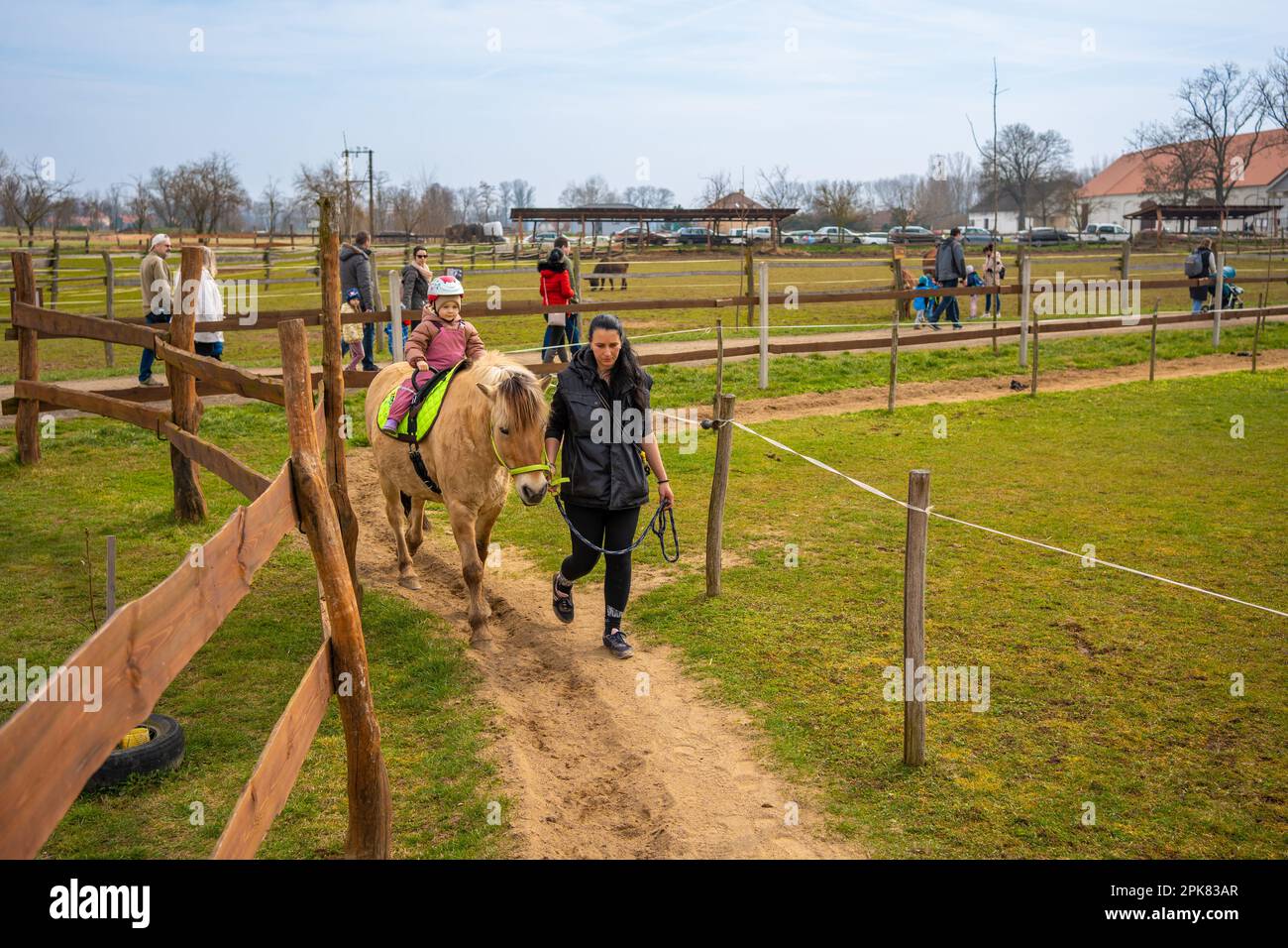 Zelcin, Czech Republic - March 19, 2023: Little girl riding on horse in ...