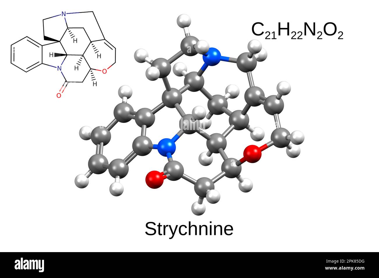 Chemical formula, skeletal formula and 3D ball-and-stick model of alkaloid strychnine, white ...