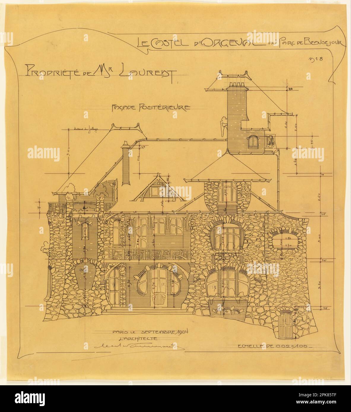 Rear Facade, Castel d'Orgeval, Parc Beauséjour, near Paris: Elevation ...