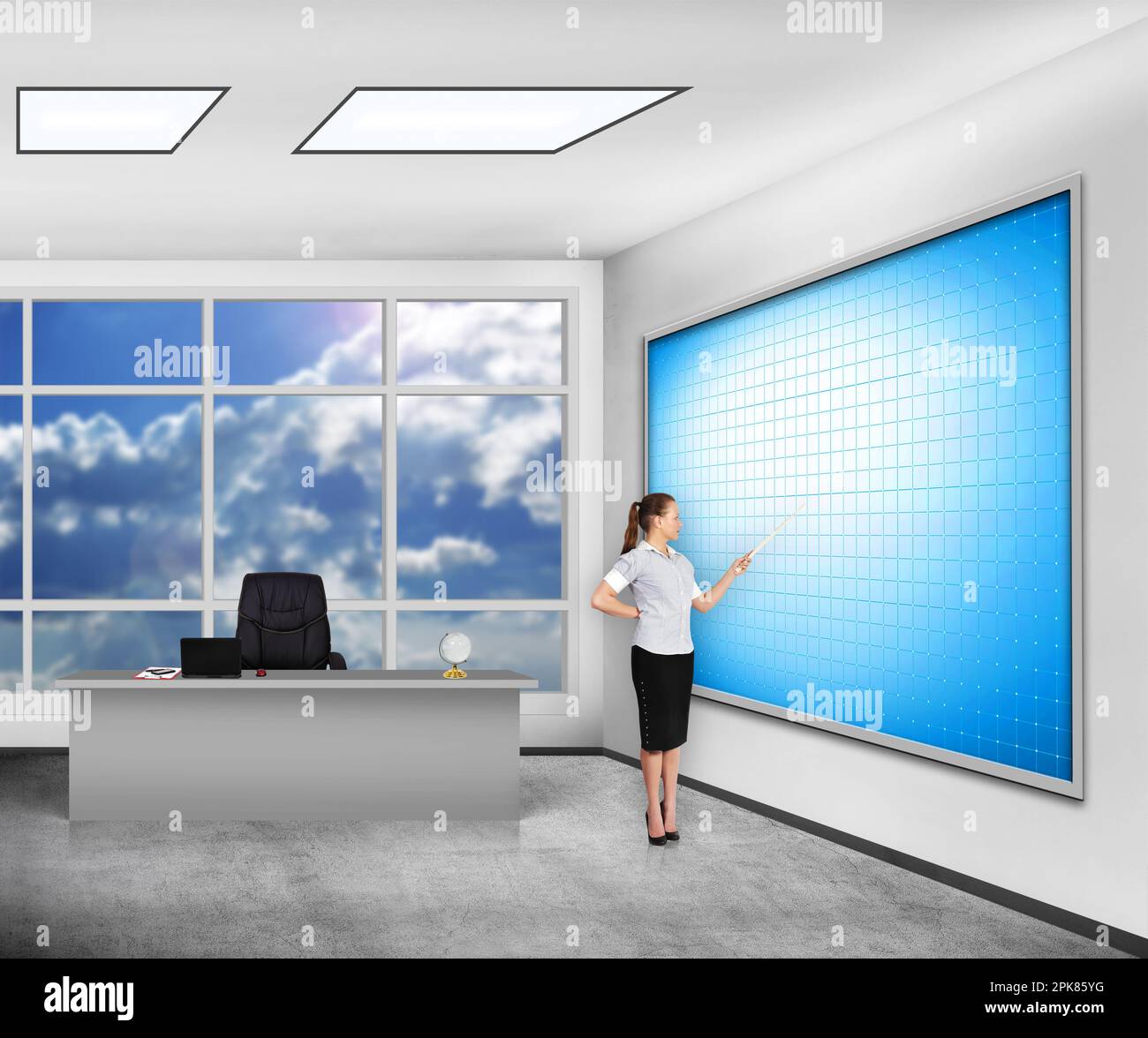 teacher in classroom pointing on blank plasma panel Stock Photo - Alamy