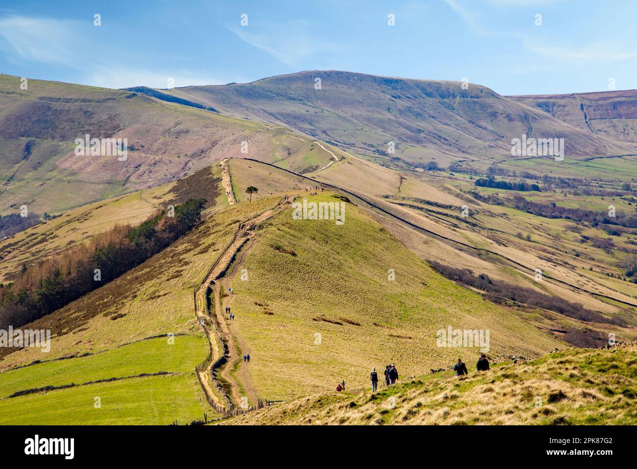 Great Ridge in the Derbyshire Peak District high above the village of ...
