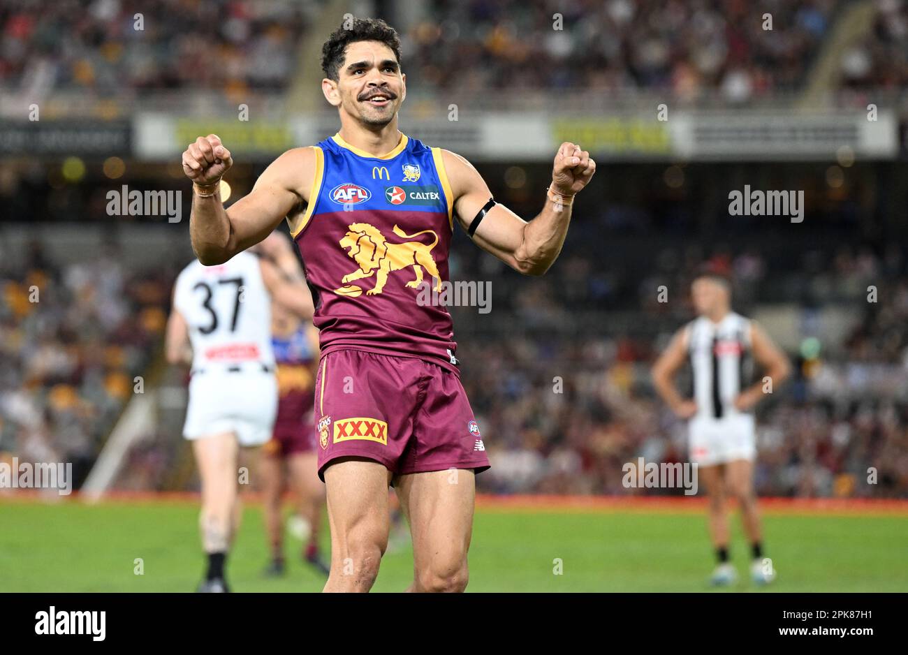 Charlie Cameron of the Lions celebrates kicking a goal during the AFL ...