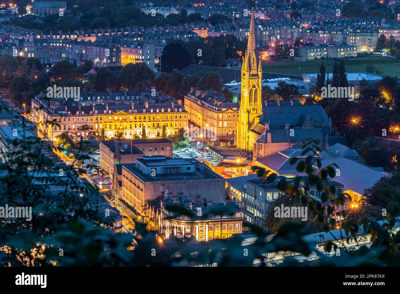 Aerial view of famous Churches of Bath City lighted in the evening,UK ...