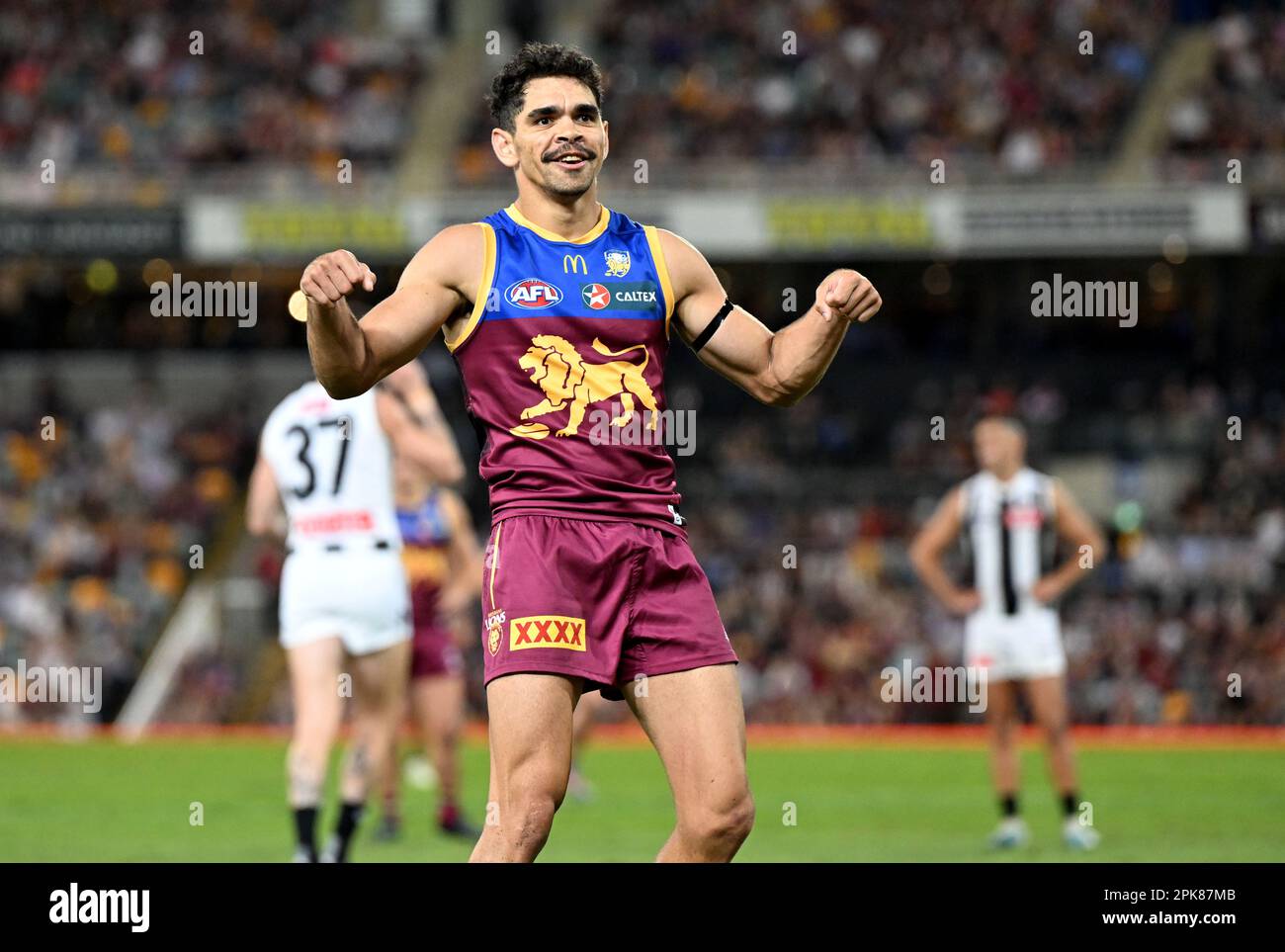 Charlie Cameron of the Lions celebrates kicking a goal during the AFL ...