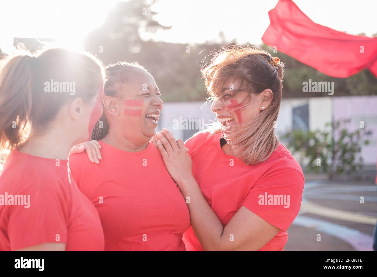 Fans of a team together cheering, supporting and laughing with their ...