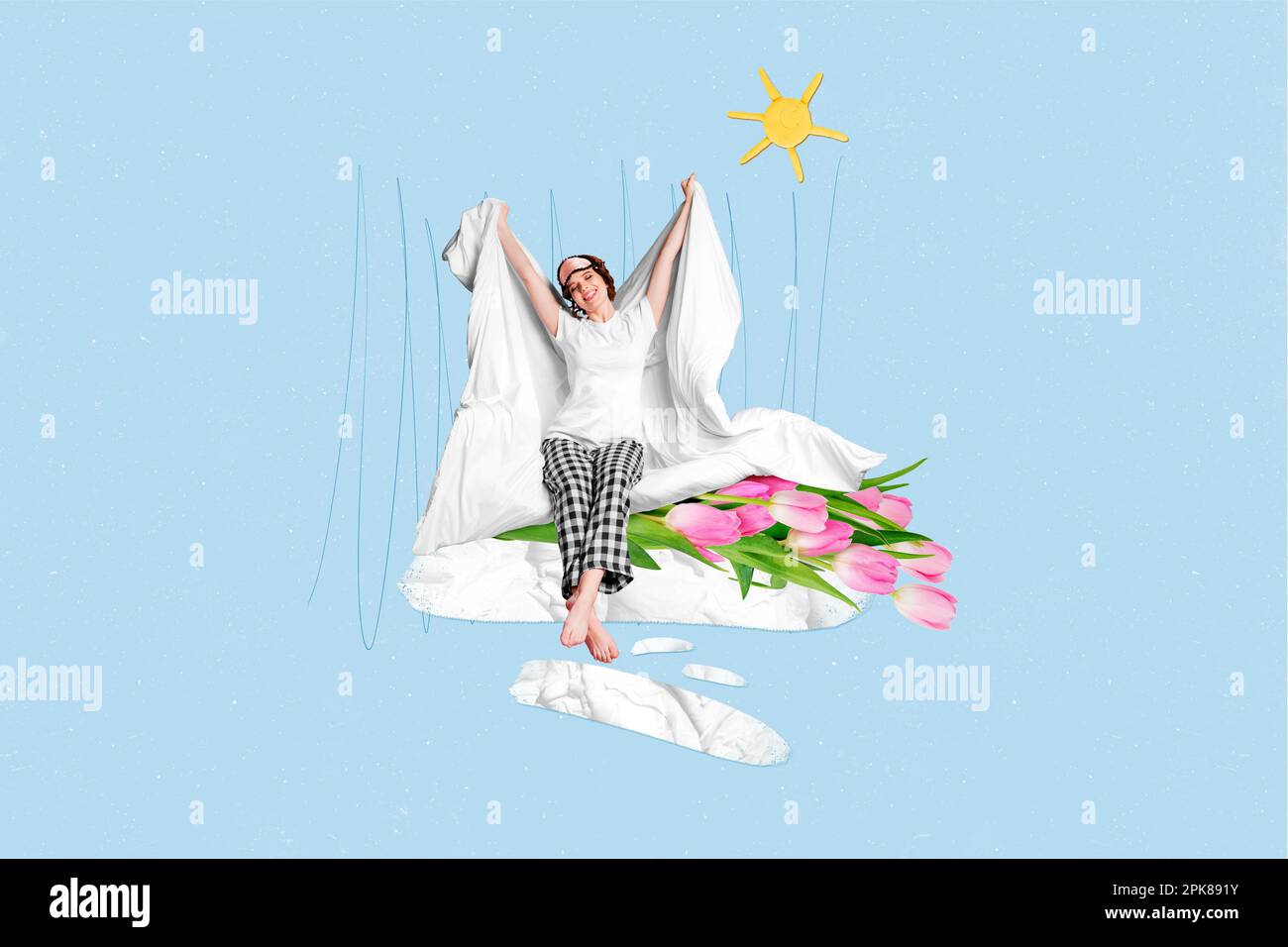 Collage 3d pinup pop retro sketch image of happy smiling lady waking up ...
