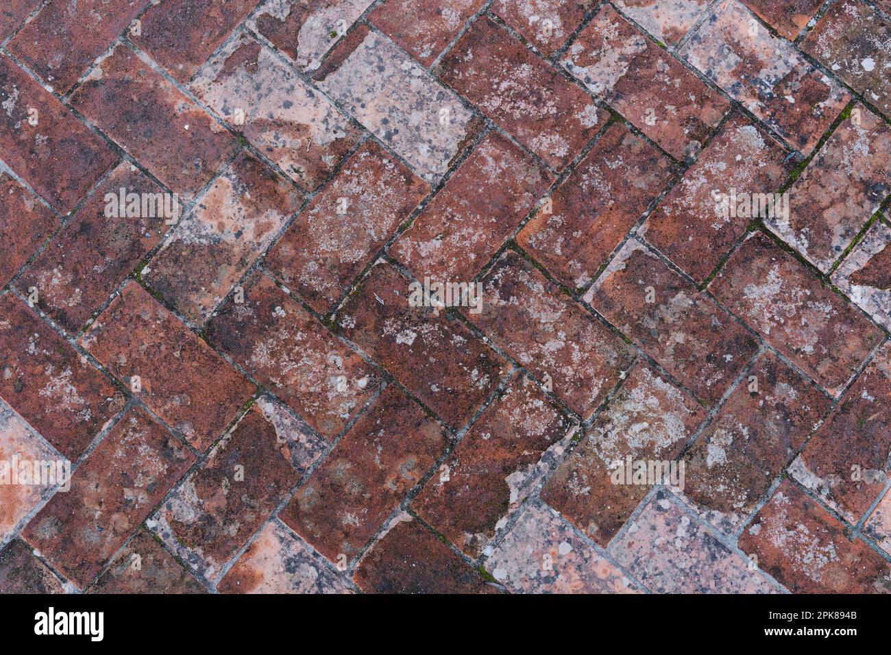 Texture of weathered, warn sidewalk with rectangle pieces of bricks ...
