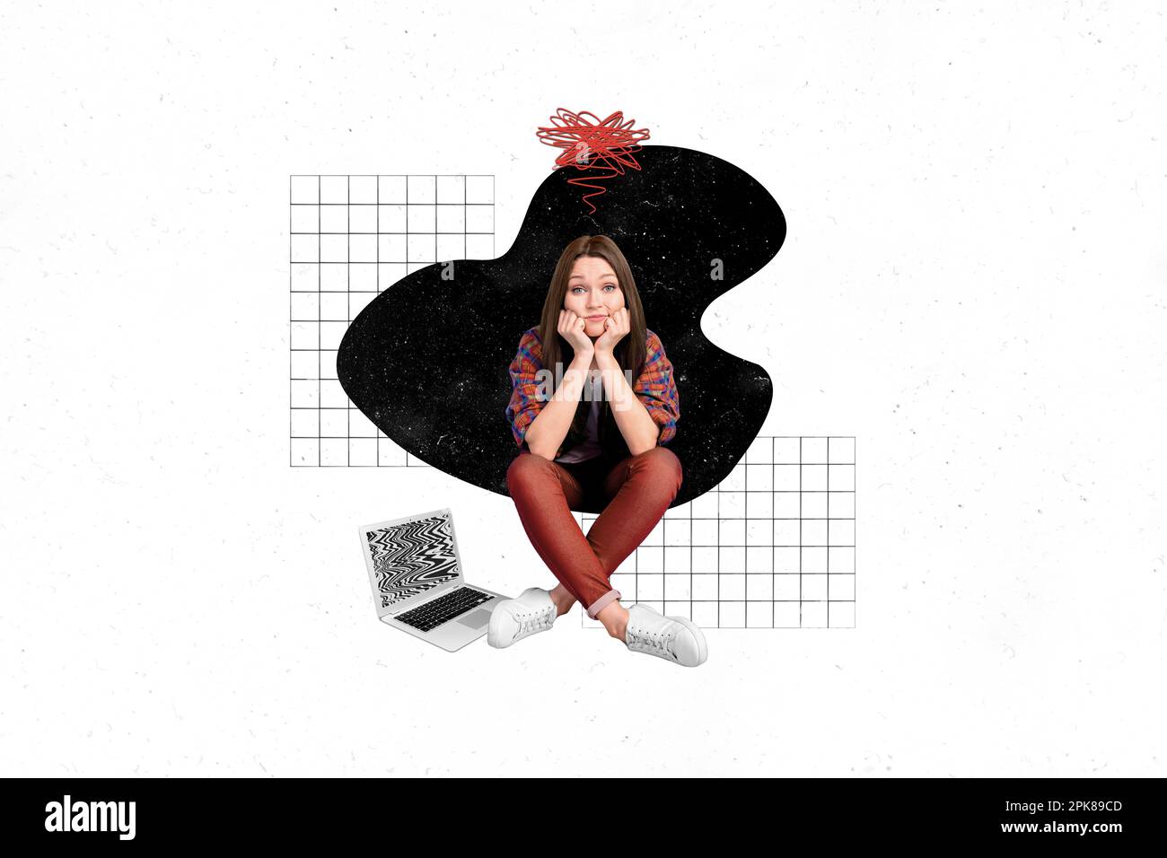 Composite collage portrait of clueless girl messy brain mind use ...