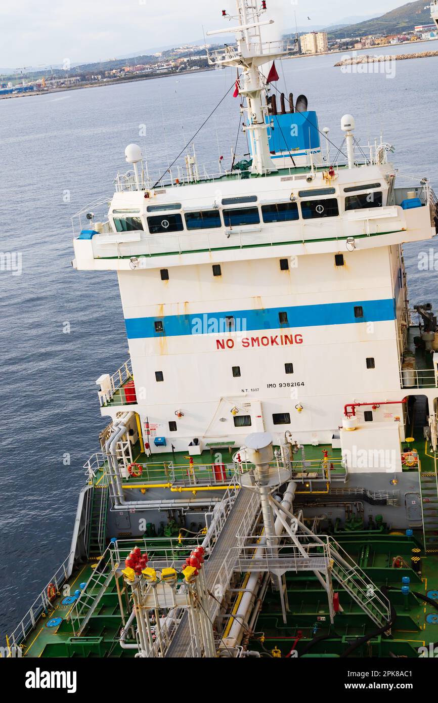 Bridge of fuel diesel oil refuelling tanker alongside ship refuelling ...