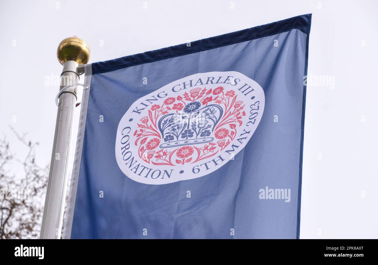 London, UK. 6th April 2023. King Charles III coronation banners have ...