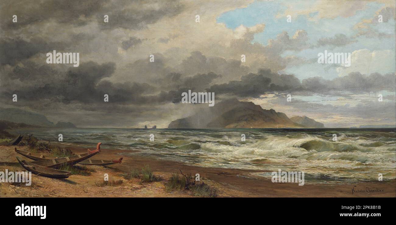 Cook Strait, New Zealand circa 1884 by Nicholas Chevalier Stock Photo ...