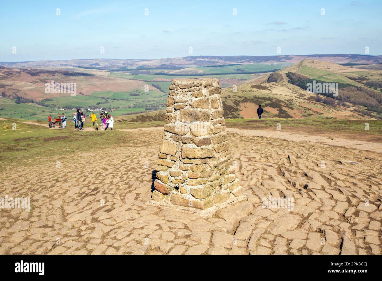 The ordnance survey trig point on the summit of Mam Tor hill standing ...