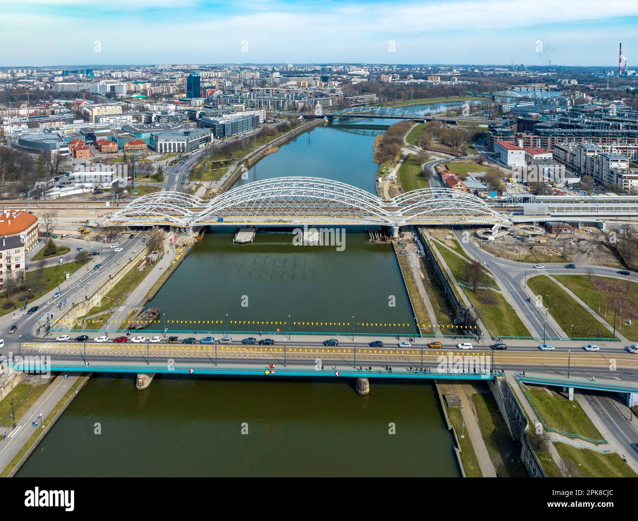 Five bridges on Vistula River in Krakow, Poland. Aerial view ...