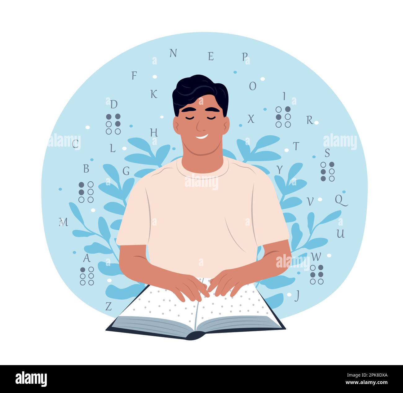 World Braille Day. A smiling blind man reads something in Braille Stock ...