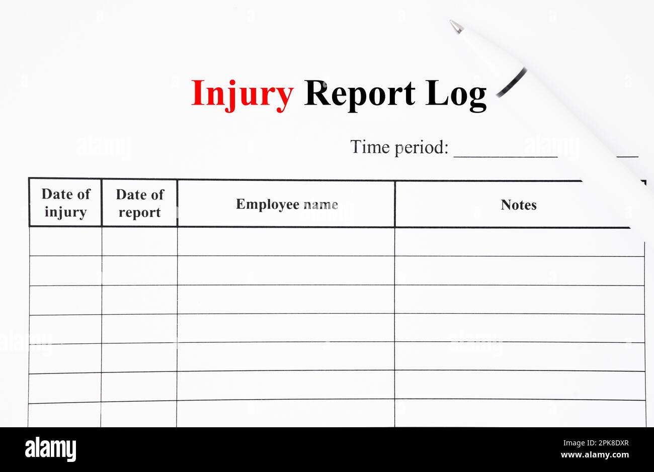 Blank Workplace Injury Report Log with pen Stock Photo - Alamy