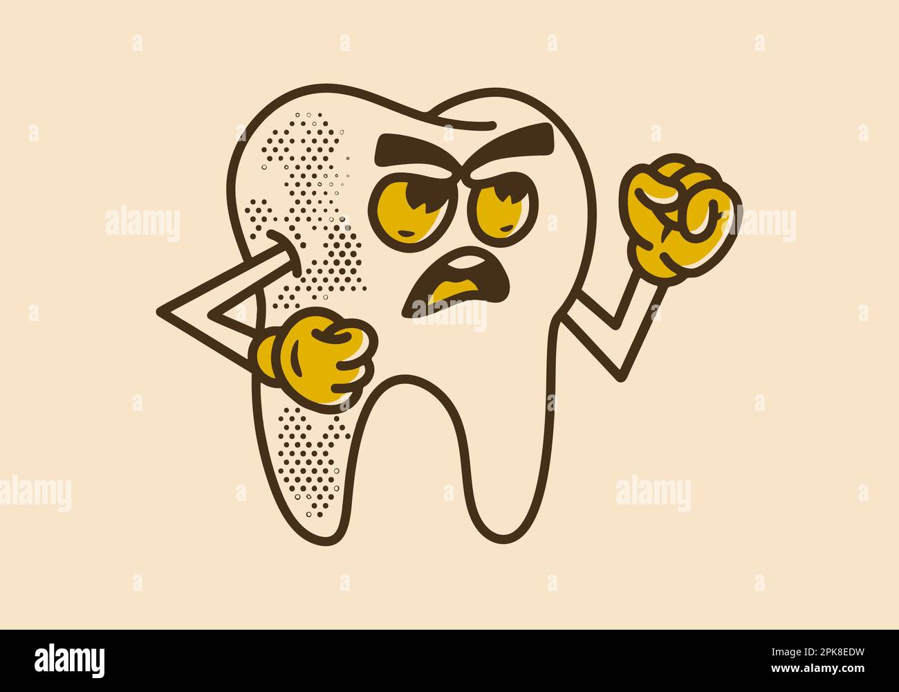 Vintage mascot character illustration design of a tooth with angry face ...