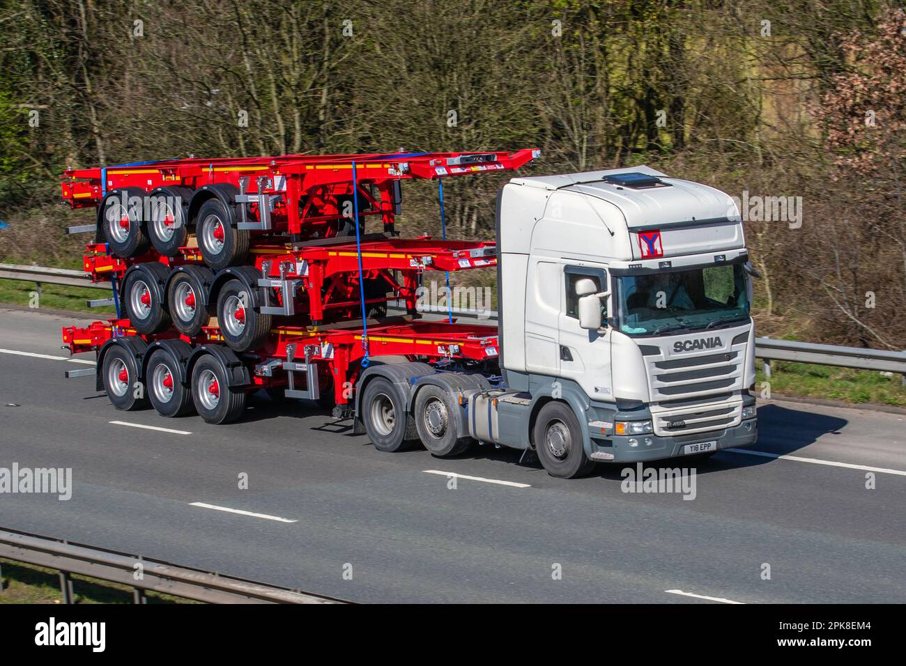 YM Haulage, SCANIA R450 trailer carrying a stack new skeletal DENNISON ...