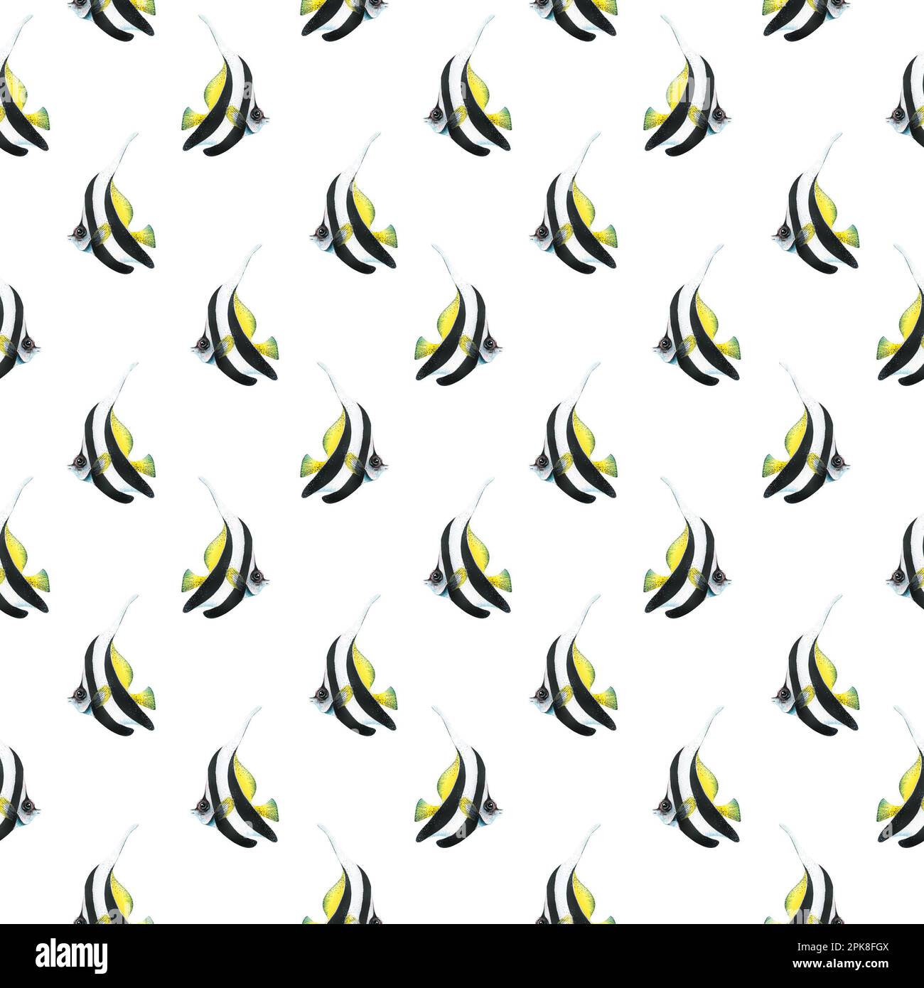 Bright striped triangular, tropical fish in white, yellow and black ...