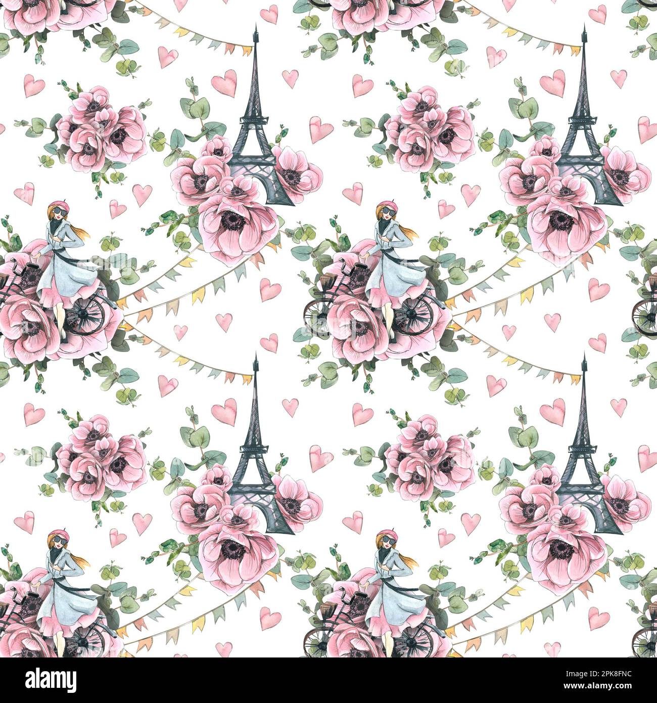 Eiffel Tower, a Parisian girl, pink hearts, anemone flowers and festive ...