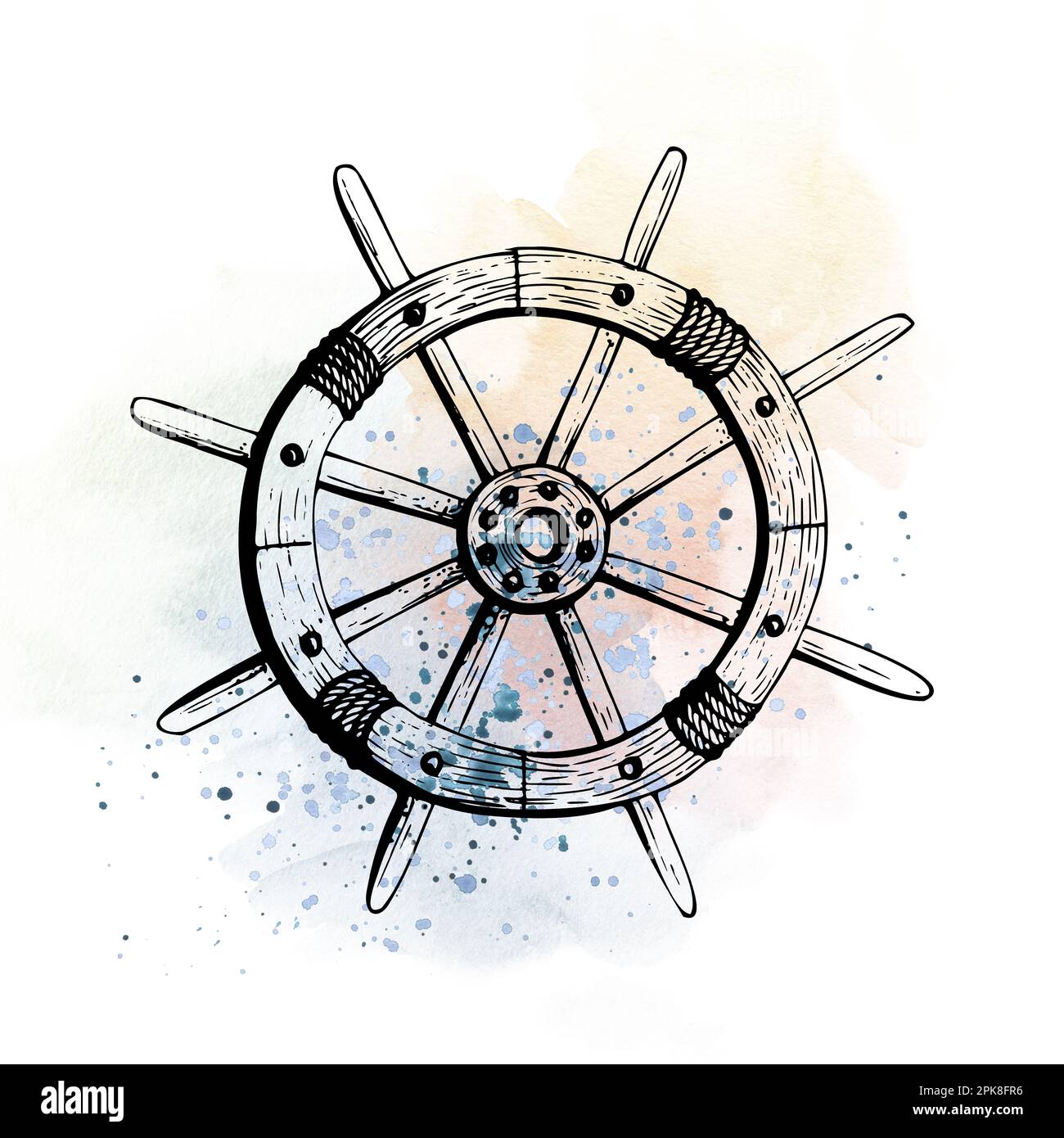 Wooden ship steering wheel hand-drawn in graphic technique on the ...