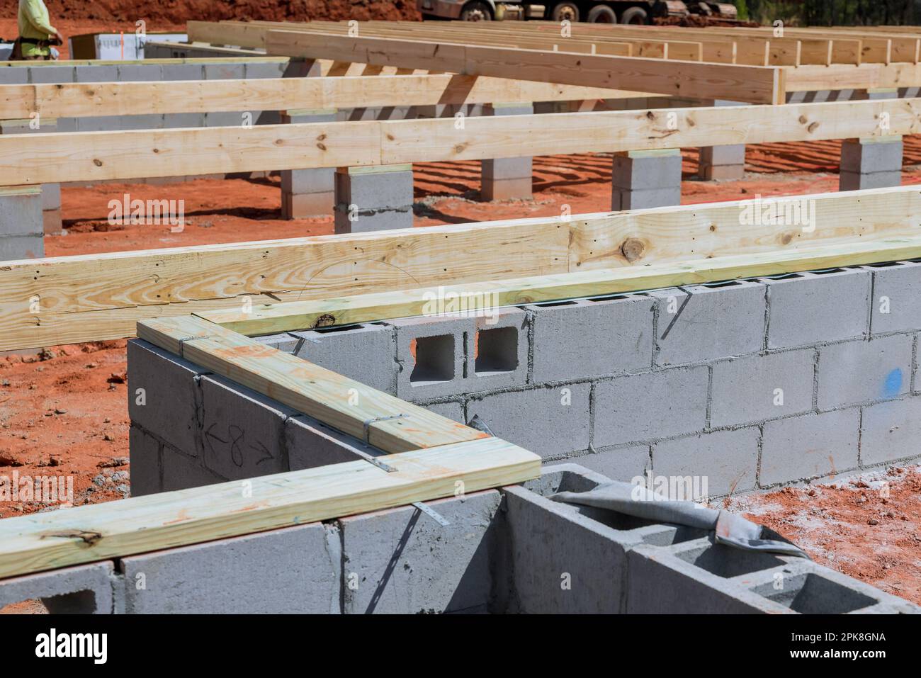On construction site cement blocks are laid to be used as walls for ...
