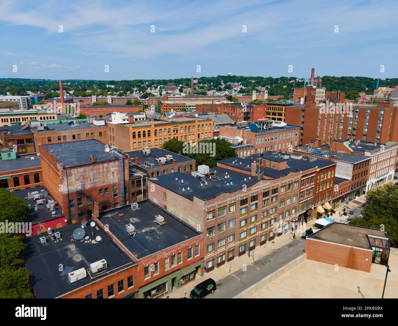 Historic commercial buildings on Market Street with Boott Mills at the ...