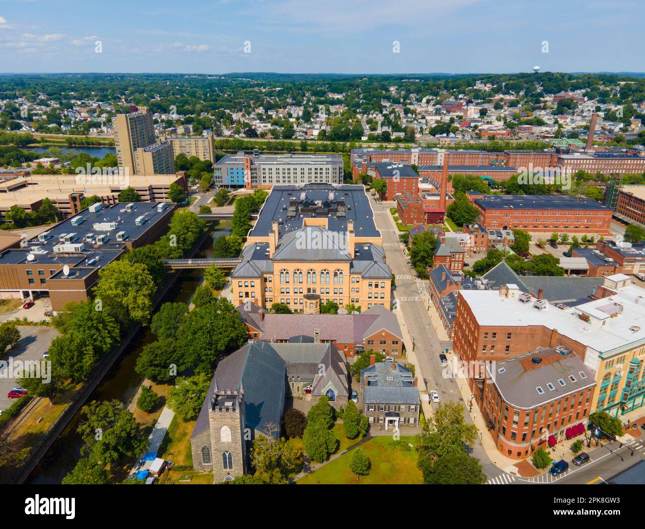 Lowell Public High School and St Anne's Episcopal Church aerial view on ...