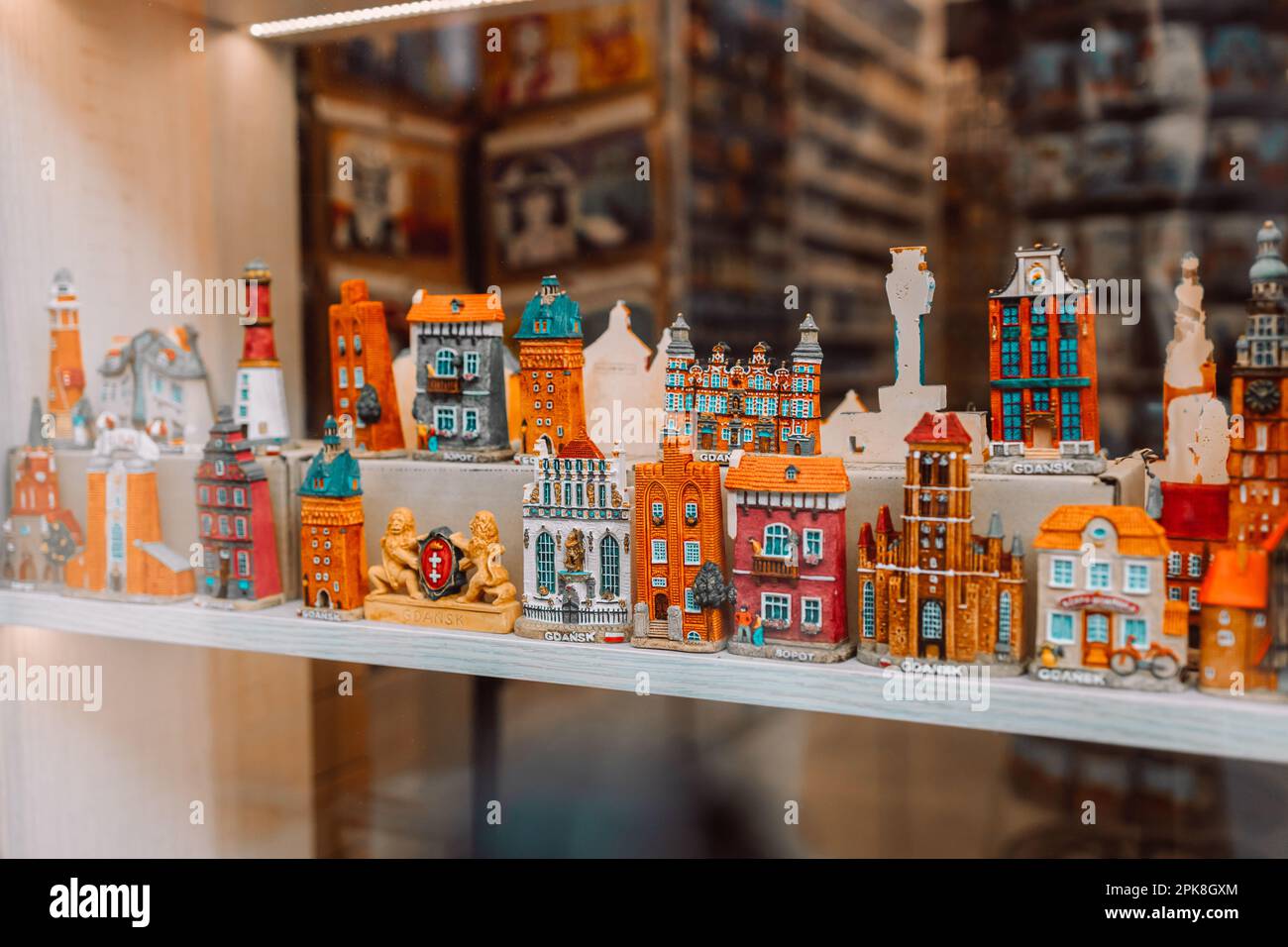 Traditional delftware of Gdansk houses in a shop window, touristic ...
