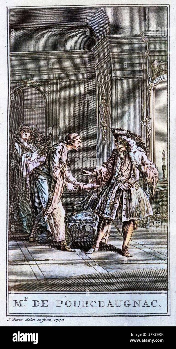 Representation d'une scene de la piece "Monsieur de Pourceaugnac" (1669 ...