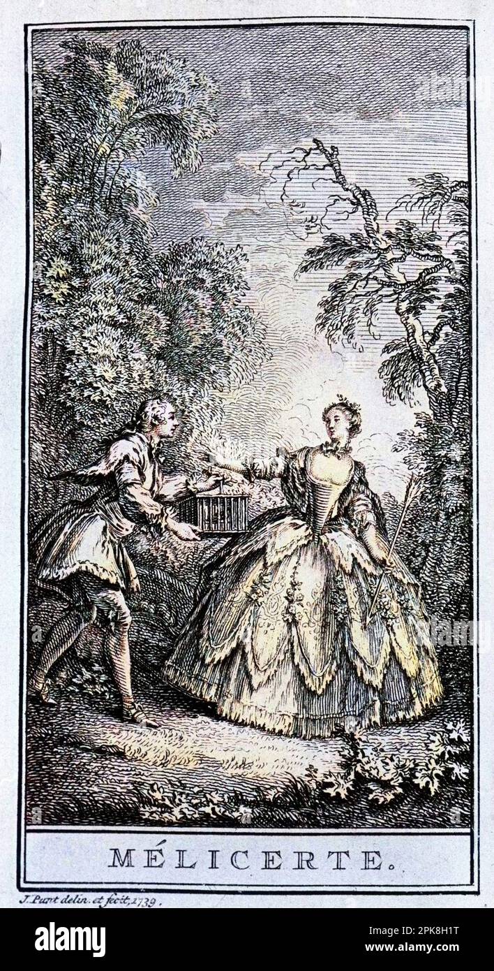 Representation d'une scene de la piece "Melicerte" (1666) de Jean ...