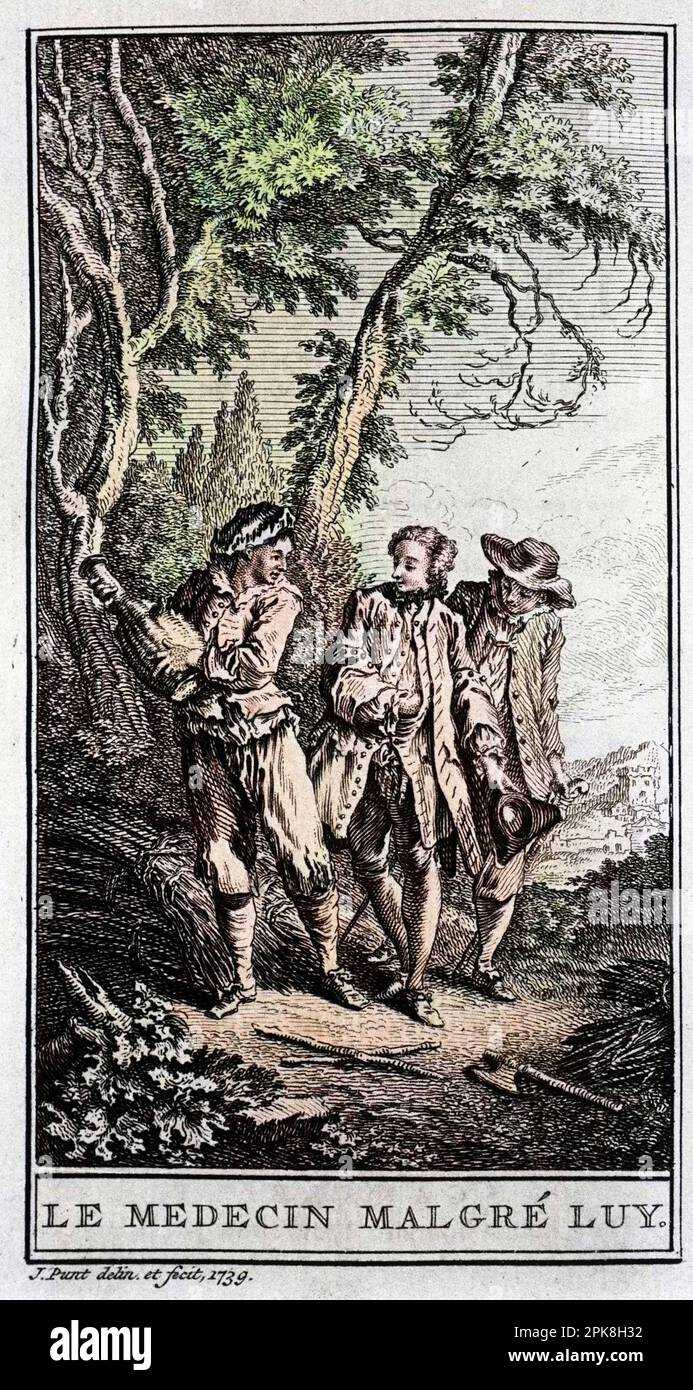 Representation d'une scene de la piece "Le medecin malgre lui" (1666 ...