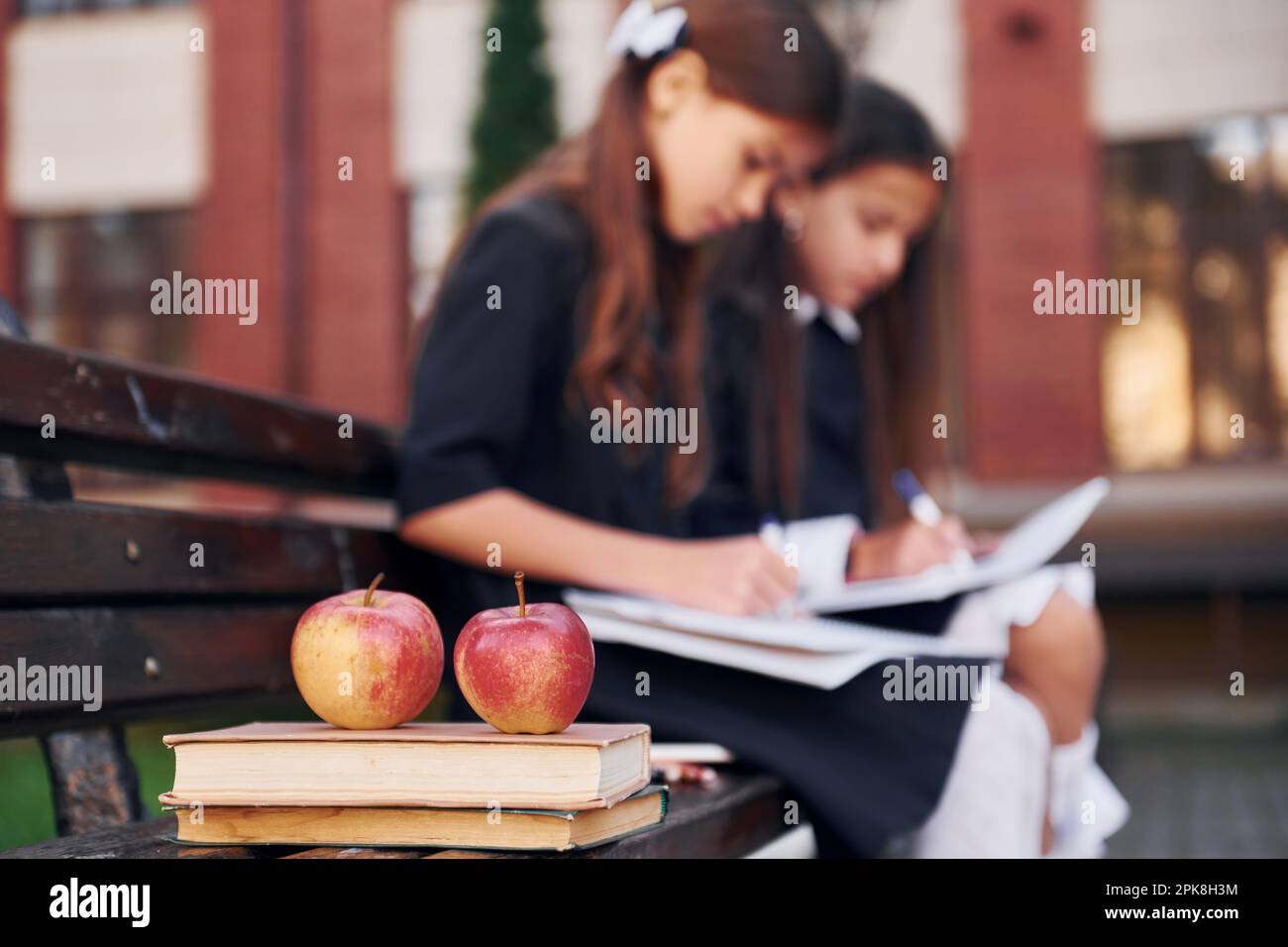 Books and apples. Two schoolgirls is outside together near school ...