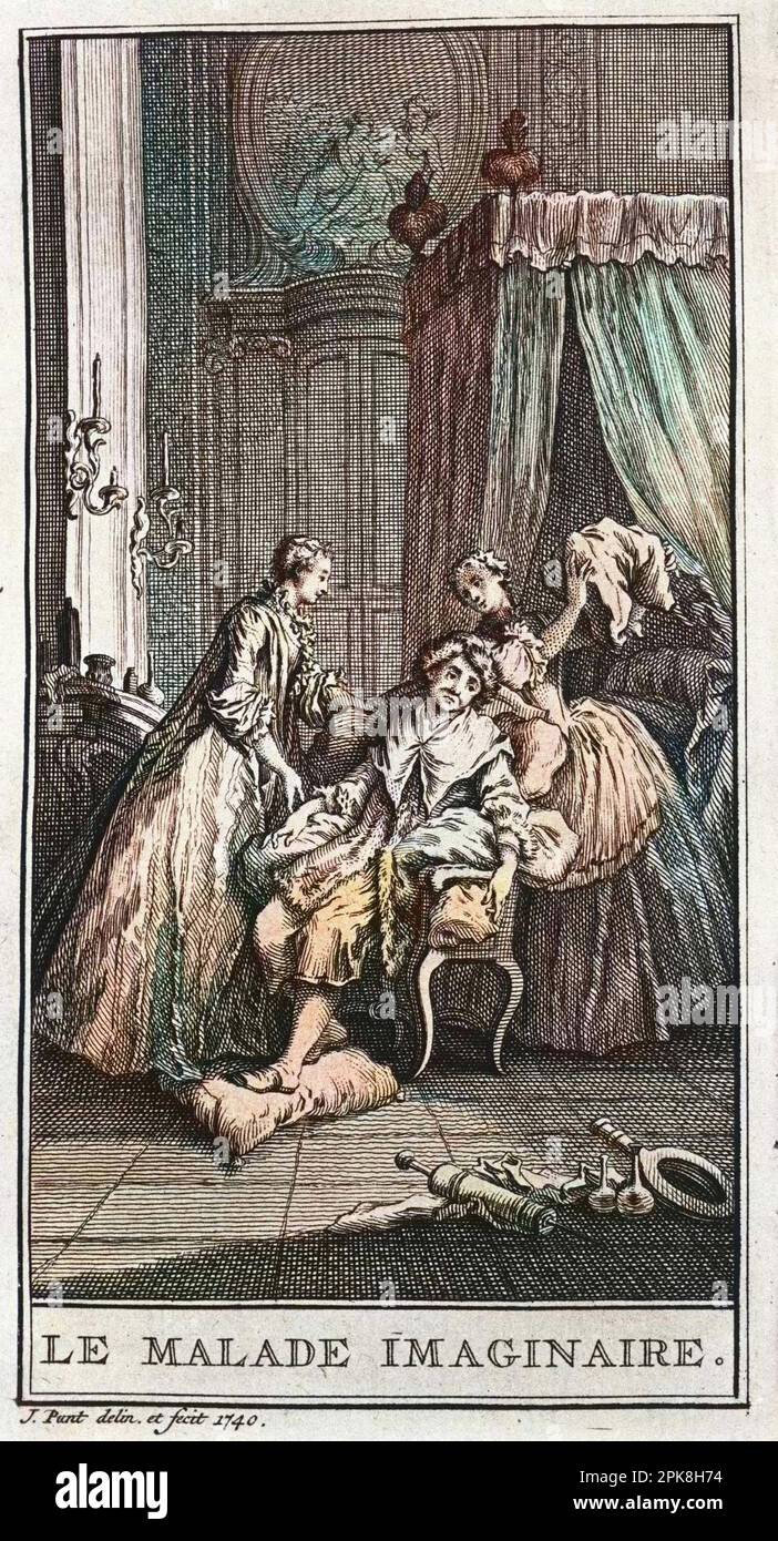 Representation d'une scene de la piece "Le malade imaginaire" (1673) de ...