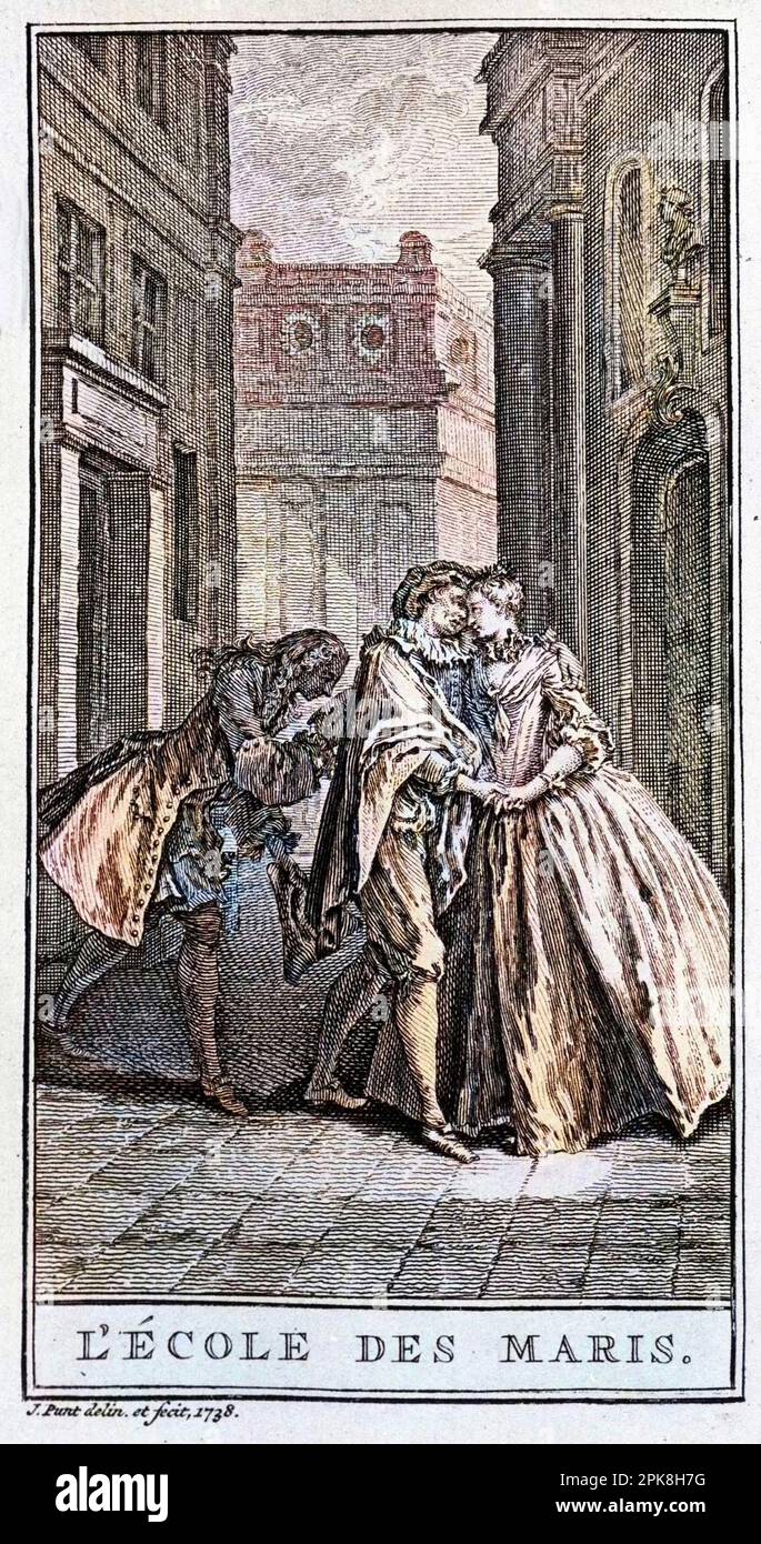 Representation d'une scene de la piece "L'ecole des maris" (1661) de ...