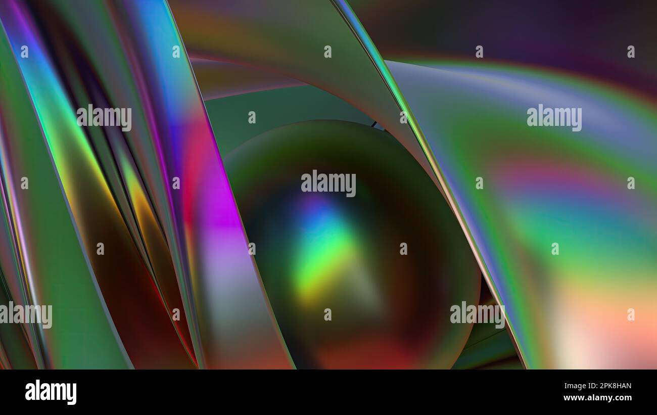 Rainbow chrome twisted metal plate sandwiching spheres psychedelic ...