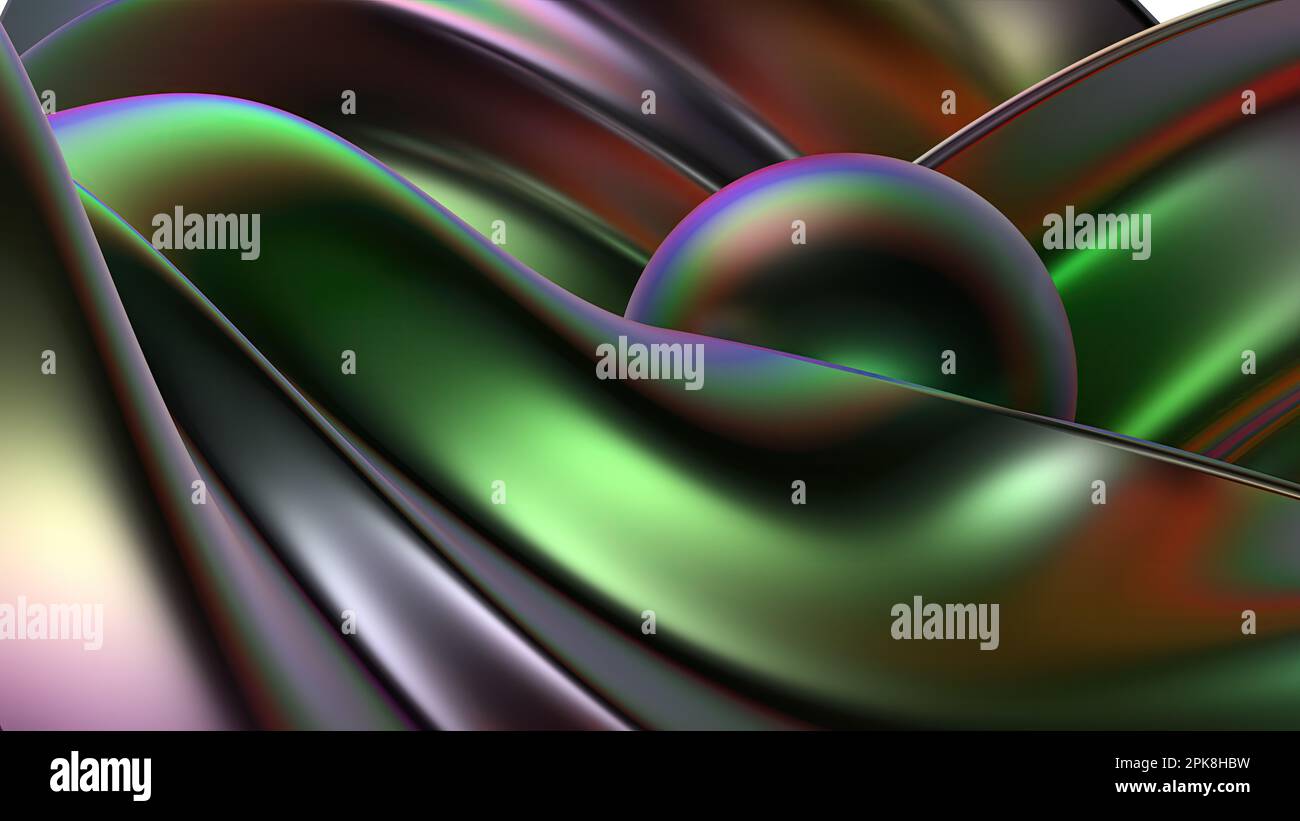 Rainbow chrome metal wavy plates and spheres psychedelic cyberpunk ...