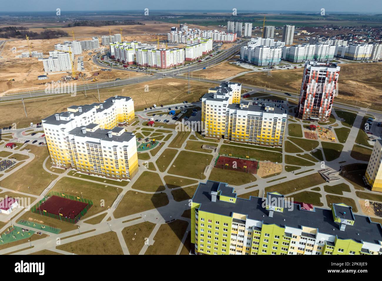 aerial panoramic view over construction of new modern residential ...