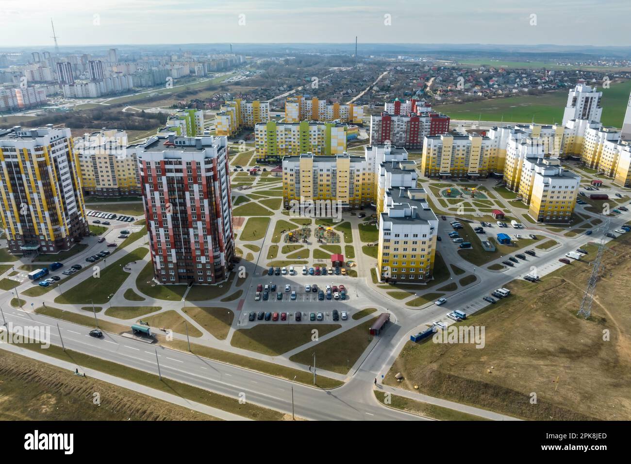 aerial panoramic view over construction of new modern residential ...