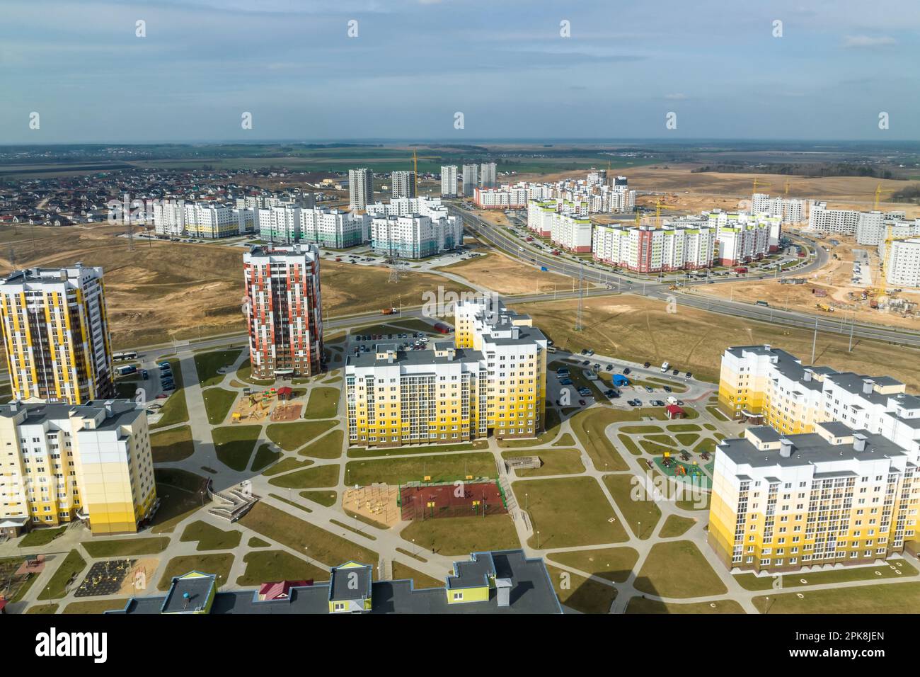 aerial panoramic view over construction of new modern residential ...