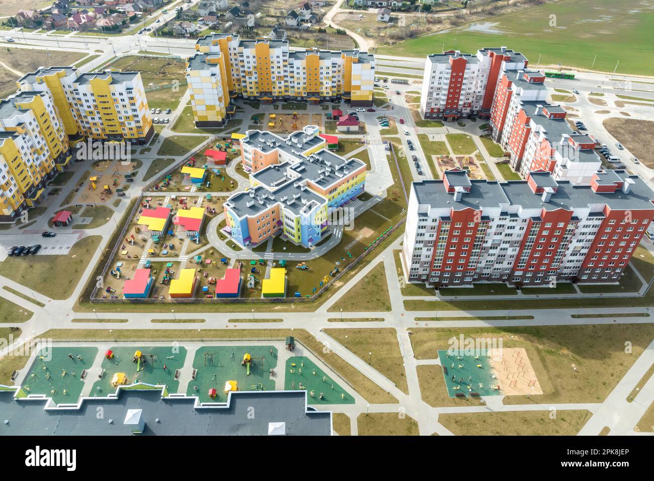 aerial panoramic view over construction of new modern residential ...