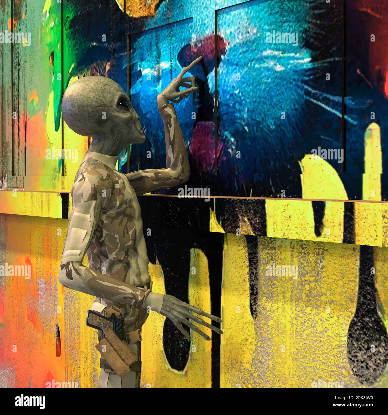 3d illustration of a gray alien in military clothing touching graffiti ...