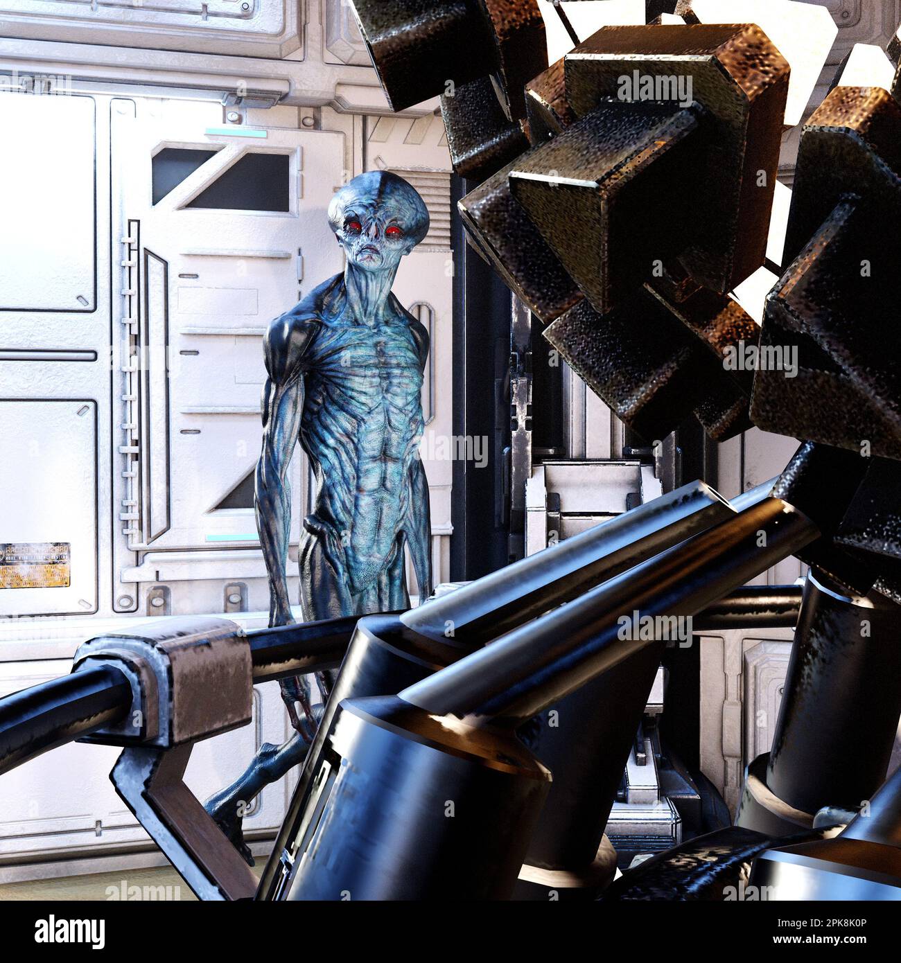 3d illustration of an alien standing behind machinery on a spaceship ...