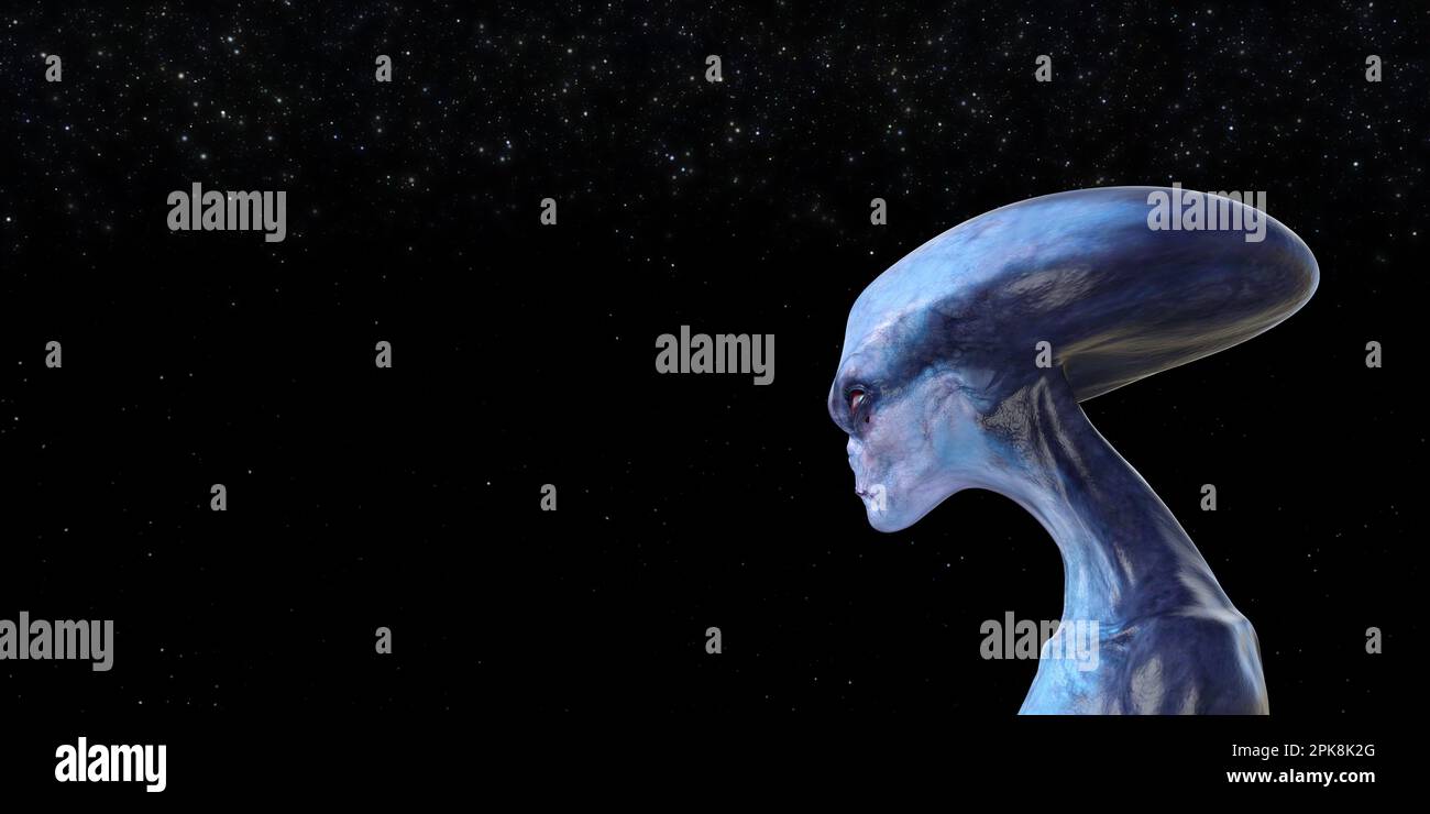 Side view 3d illustration of a blue alien with a very large cranium ...